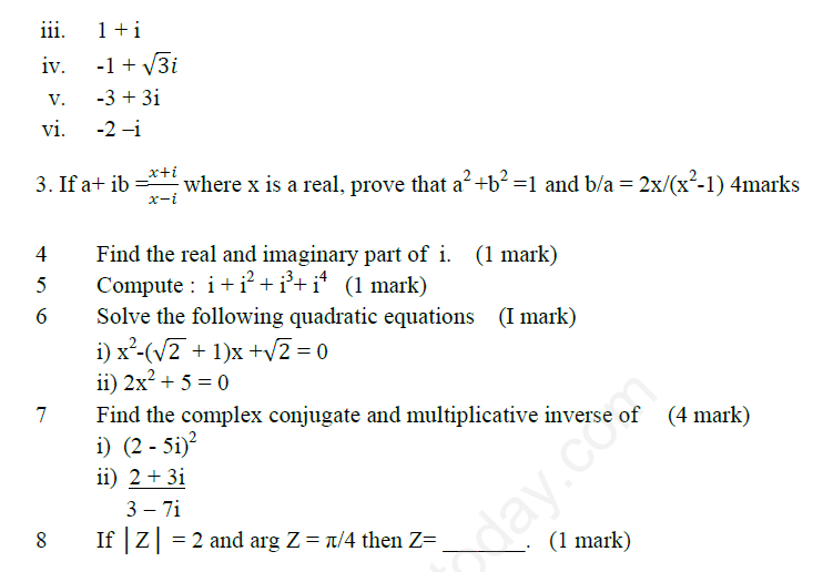 CBSE Class 11 Mathematics Complex Numbers and Quadratic Equations Assignment Set C